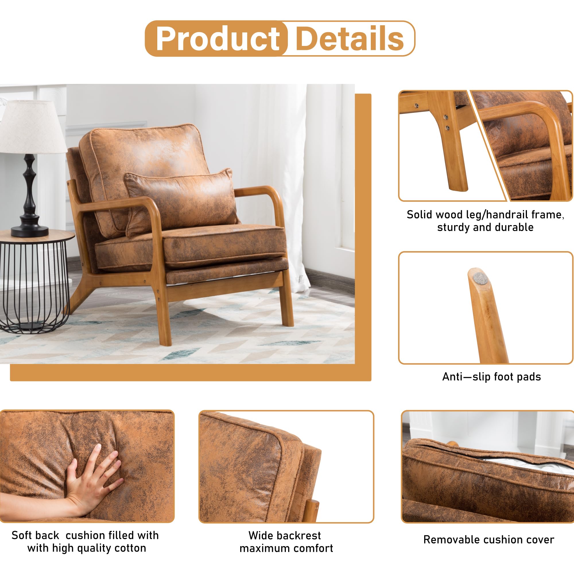 Hosnnile Accent Chair with Cushion, Mid-Century Modern Upholstered Single Reading Armchair with Hot-Stamping Cloth + Solid Wood Frame for Living Room, Bedroom, Lounge, Balcony (Brown)