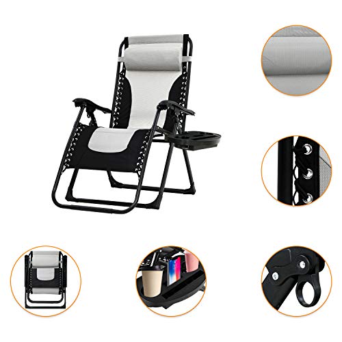 Oversized XL Padded Zero Gravity Chair Folding Patio Lounge Chair Recliners Adjustable Recliner with Cup Holder & Side Table, 420 lbs Weight Capacity, Gray
