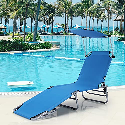 GYMAX Beach Chair with Canopy Shade, Folding Tanning Lounge with Adjustable Backrest, Carry Handle & Side Pocket, Sunbathing Chair for Outside, Patio, Poolside, Lawn (1, Navy)