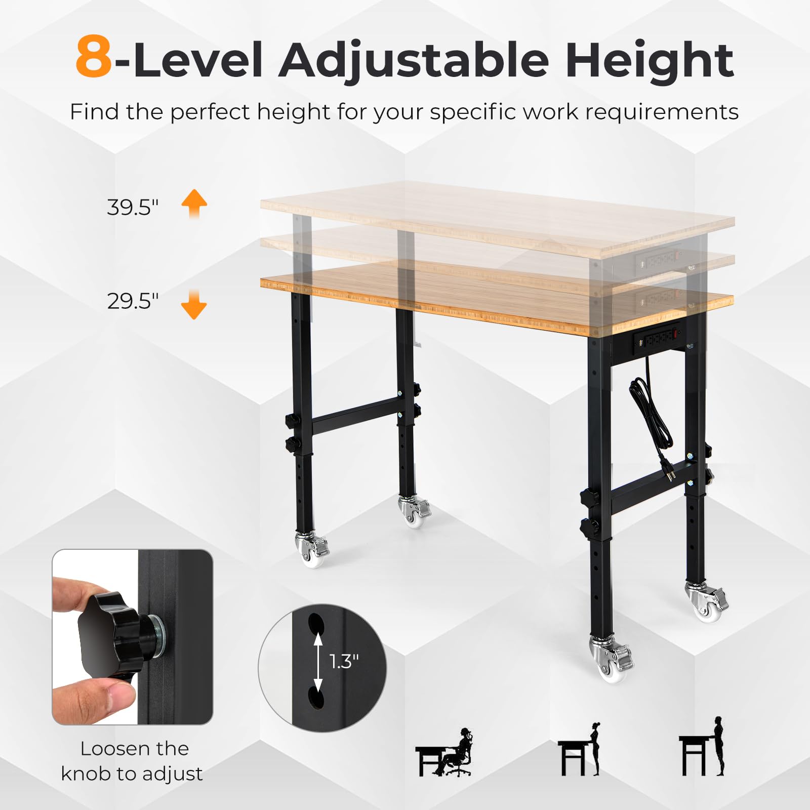 Goplus Work Bench, 48” Mobile Work Table with Power Outlet, Removable Wheels & Foot Pads, Bamboo Wood Top,1984LBS Capacity,Heavy Duty Tool Bench, Adjustable Rolling Workbench for Garage Home Workshop