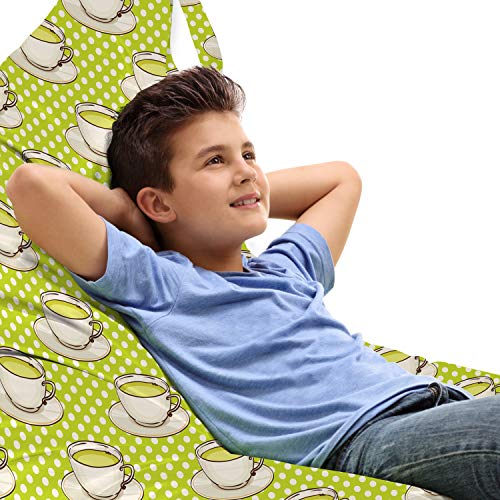 Lunarable Teacup Lounger Chair Bag, Vintage Glasses Coffee Cups on Polka Dots Backdrop Kitchen Illustration, High Capacity Storage with Handle Container, Lounger Size, Yellow Green Ivory