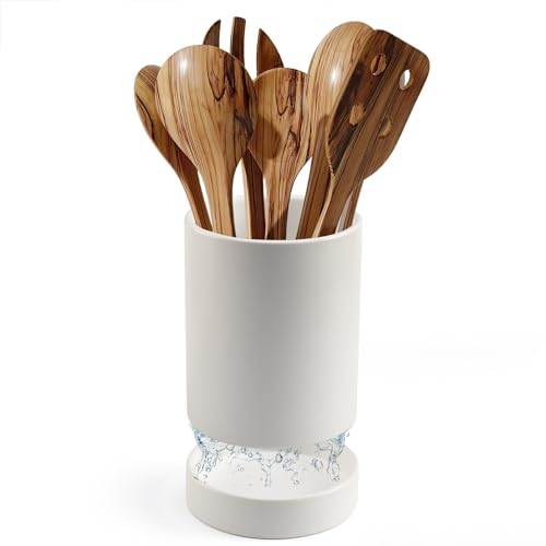 ALYSTER kitchen Utensil Holder for Countertop with Drain Tray, White Utensil Holder Utensil Crock Ceramic Cooking Utensil Holder for Kitchen/Counter Farmhouse/Décor (1)