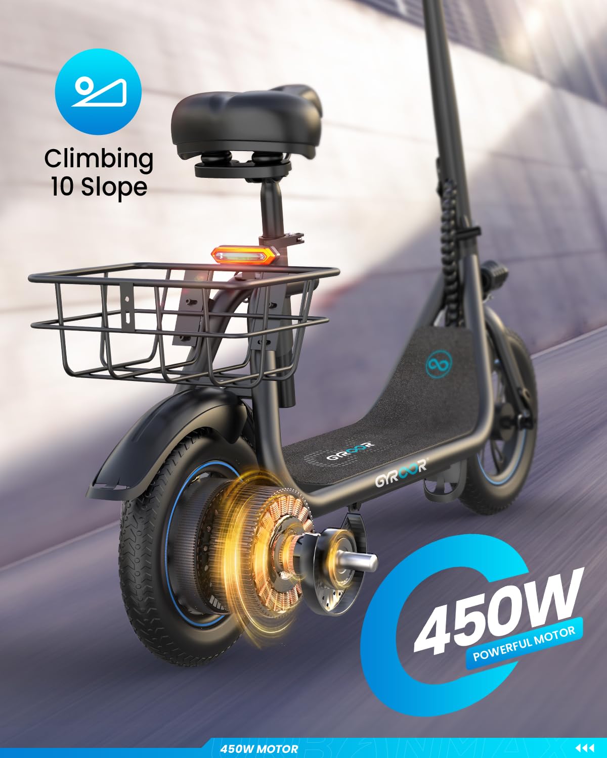 Gyroor Electric Scooter with Seat, 450W Powerful Motor up to 20 Miles Range, Foldable Scooter for Adult Max Speed 15.5Mph, Commuter Electric Scooter with Basket