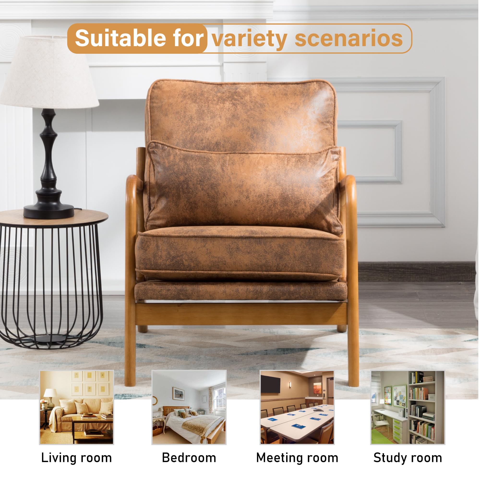 Hosnnile Accent Chair with Cushion, Mid-Century Modern Upholstered Single Reading Armchair with Hot-Stamping Cloth + Solid Wood Frame for Living Room, Bedroom, Lounge, Balcony (Brown)