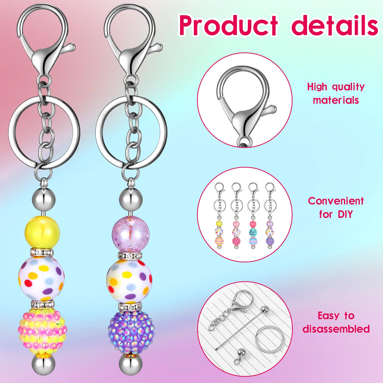 Sasylvia 30 Sets Beadable Keychain Kits Beaded Keychain Bars Resealable Pouch Bag Thank You Cards for DIY Crafts Jewelry Making