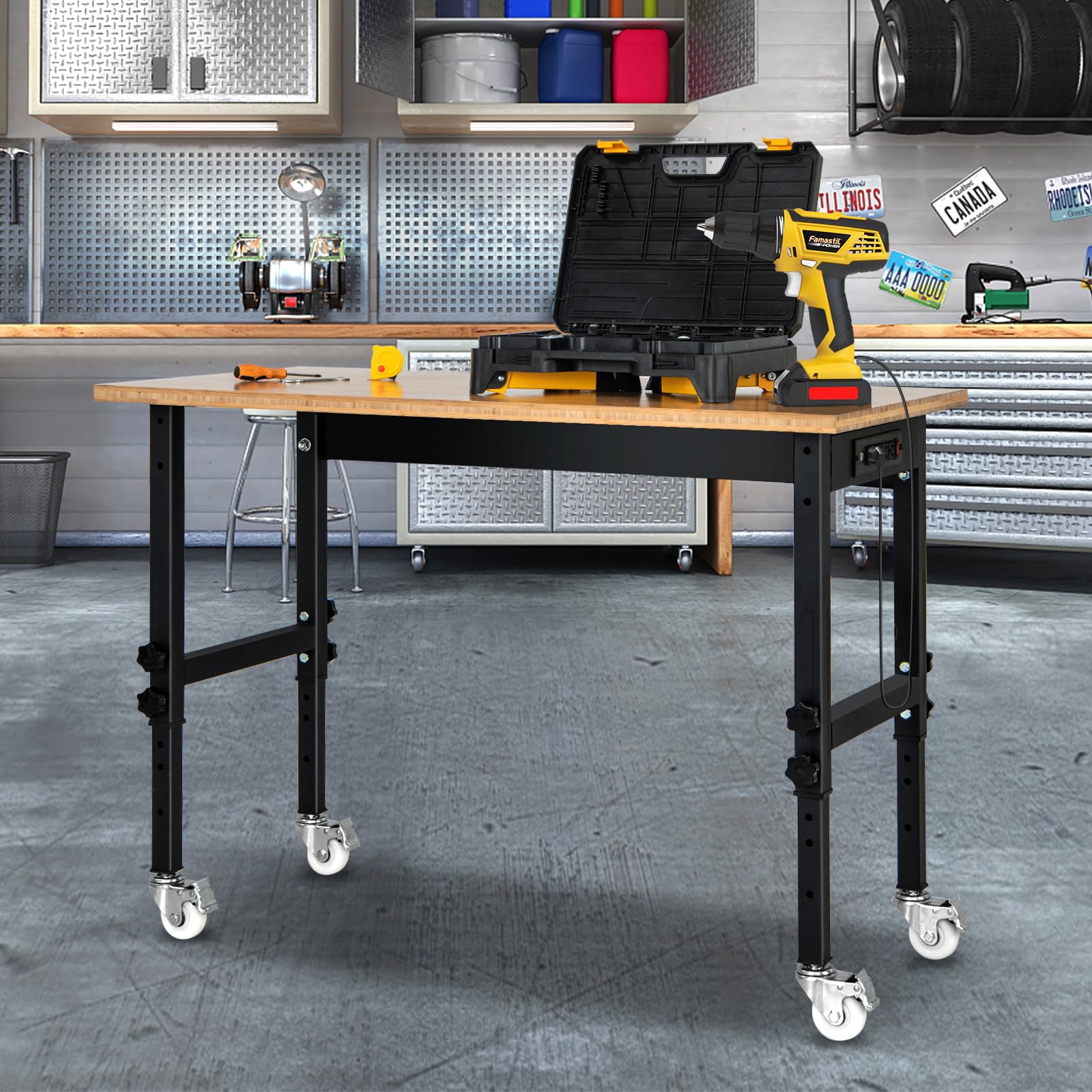 Goplus Work Bench, 48” Mobile Work Table with Power Outlet, Removable Wheels & Foot Pads, Bamboo Wood Top,1984LBS Capacity,Heavy Duty Tool Bench, Adjustable Rolling Workbench for Garage Home Workshop
