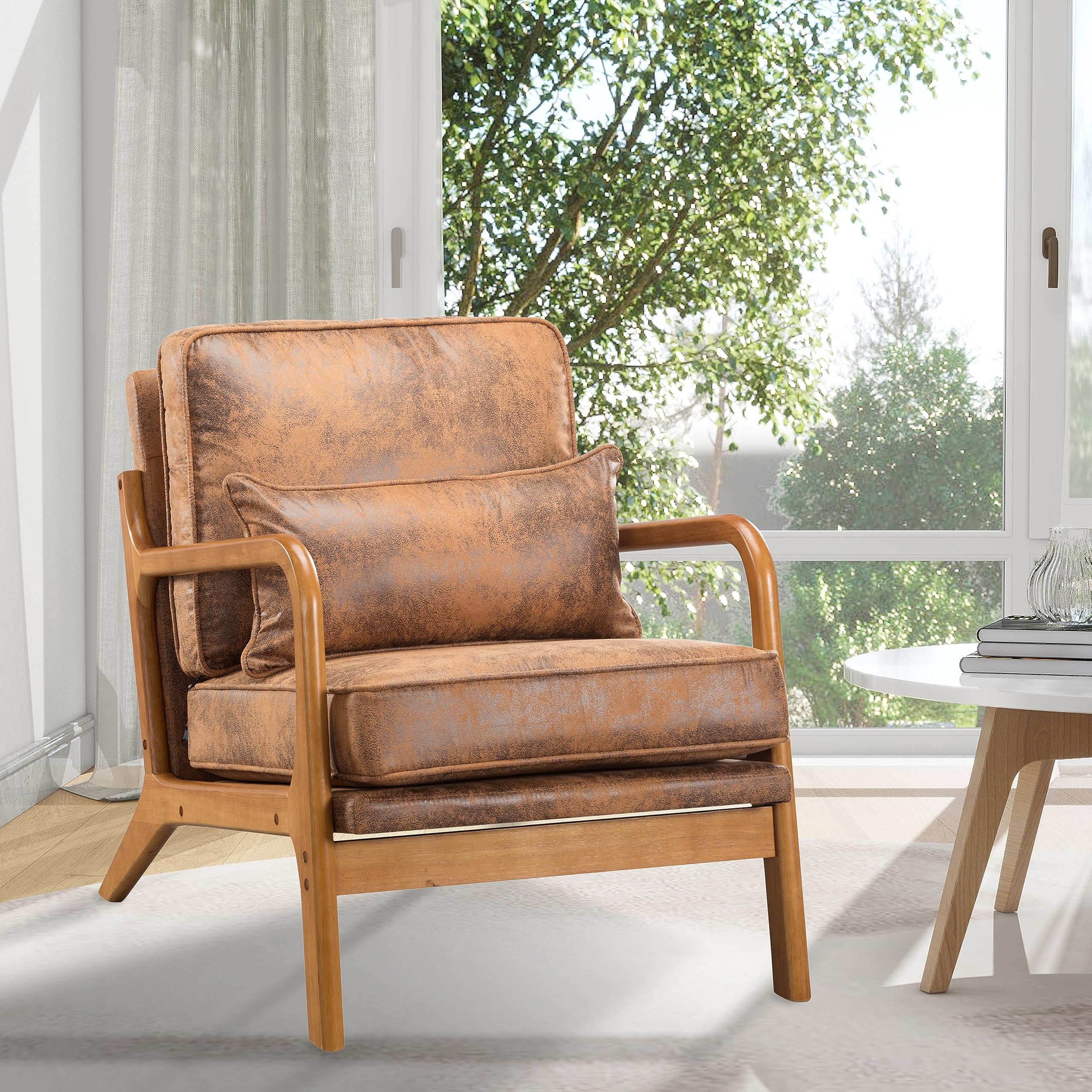 Hosnnile Accent Chair with Cushion, Mid-Century Modern Upholstered Single Reading Armchair with Hot-Stamping Cloth + Solid Wood Frame for Living Room, Bedroom, Lounge, Balcony (Brown)