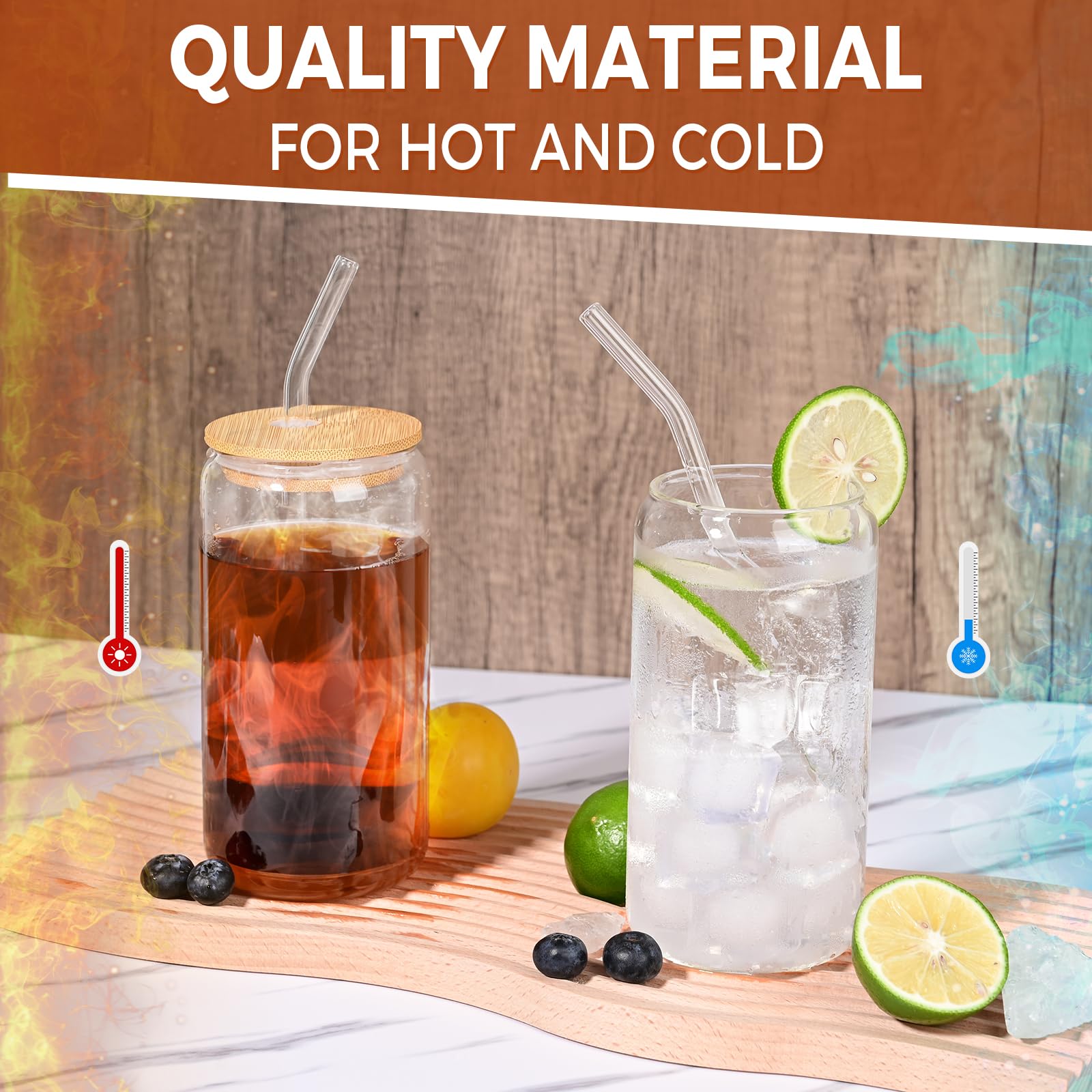 HONFAA 4 Pack Glass Cups with Lids and Straws, 16oz Beer Can Shaped Drinking Glasses, Iced Coffee Glass Tumbler,Cute Cups for Whiskey, Soda, Tea, Water