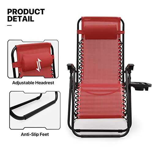 MoNiBloom Folding Beach Lounge Chair 2-Pack, Chaise Lounge with Pillow & Cup Holder, Portable Outside Patio Recliner for Poolside Beach Vacation, Maroon