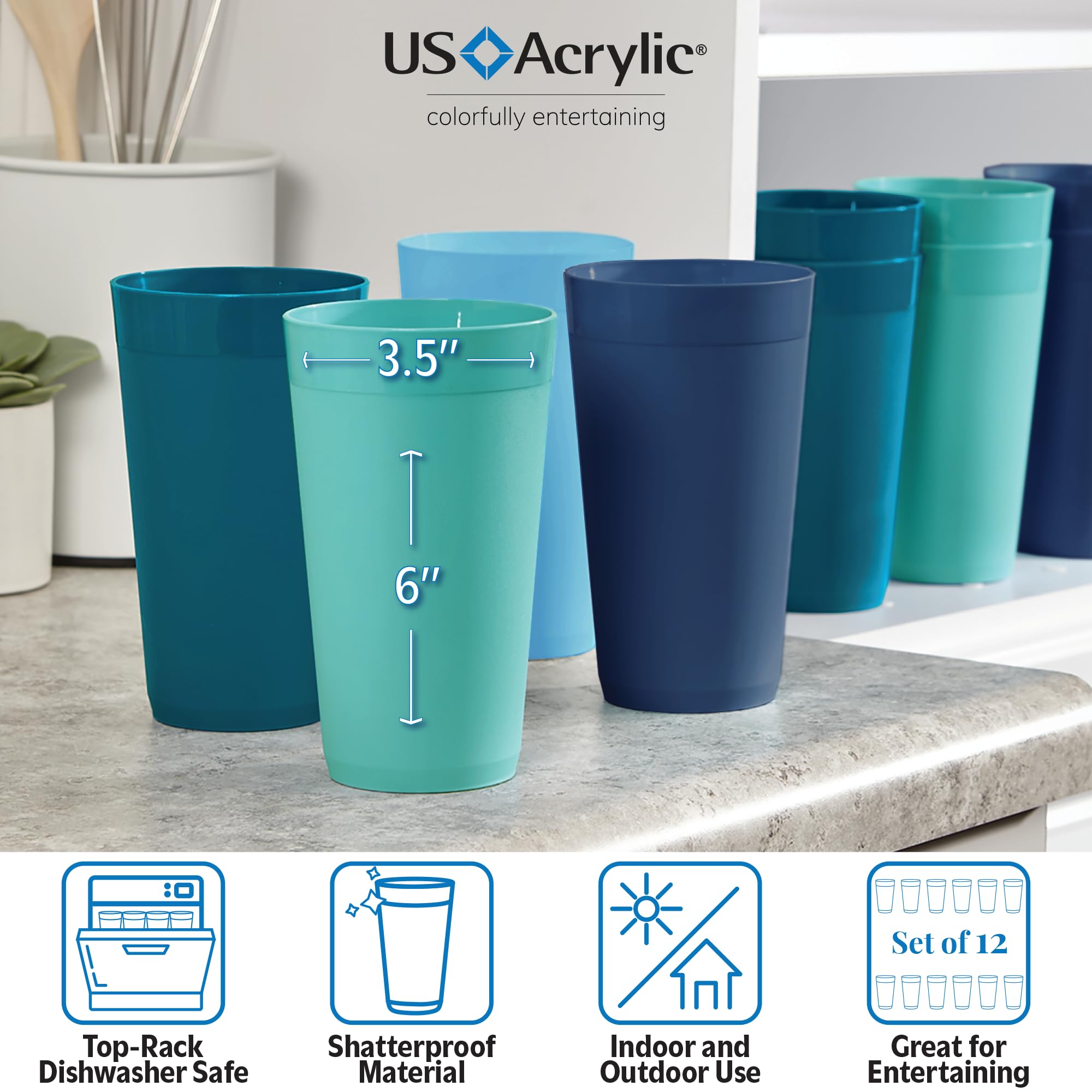US Acrylic Newport 20 ounce Unbreakable Plastic Stackable Water Tumblers in 4 Coastal Colors | Set of 12 Drinking Cups | Reusable, BPA-free, Made in the USA, Top-rack Dishwasher and Microwave Safe