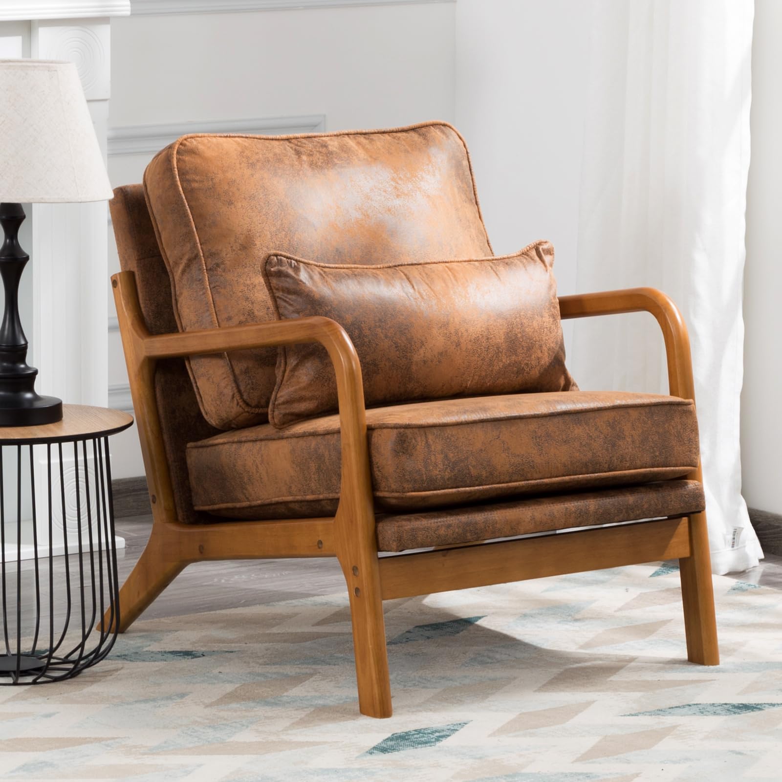Hosnnile Accent Chair with Cushion, Mid-Century Modern Upholstered Single Reading Armchair with Hot-Stamping Cloth + Solid Wood Frame for Living Room, Bedroom, Lounge, Balcony (Brown)