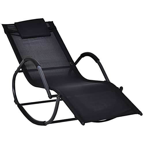 Outsunny Outdoor Rocking Chair, Chaise Lounge Pool Chair for Sun Tanning, Sunbathing Rocker, Armrests & Pillow for Patio, Lawn, Beach, Large, Black
