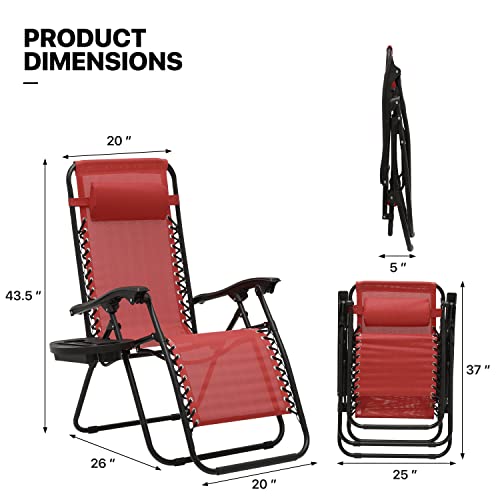 MoNiBloom Folding Beach Lounge Chair 2-Pack, Chaise Lounge with Pillow & Cup Holder, Portable Outside Patio Recliner for Poolside Beach Vacation, Maroon