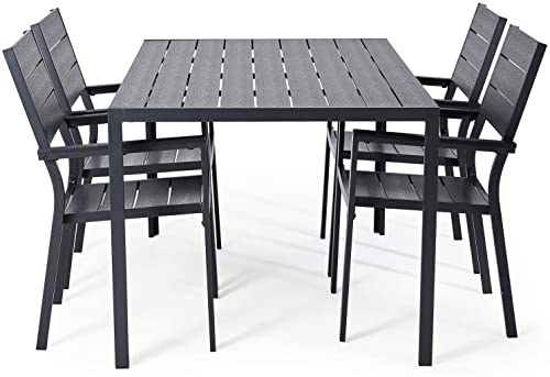 AECOJOY 7 Piece Outdoor Dining Set, Aluminum Patio Table and Chairs Set for 6 with Rectangular Table and Stackable Chairs for Garden, Backyard, Black