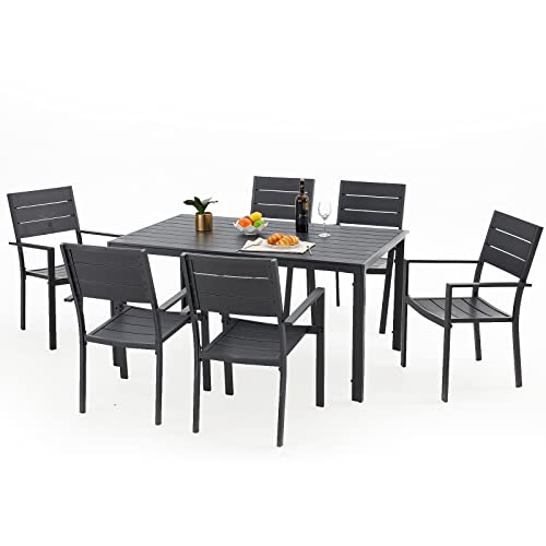 AECOJOY 7 Piece Outdoor Dining Set, Aluminum Patio Table and Chairs Set for 6 with Rectangular Table and Stackable Chairs for Garden, Backyard, Black