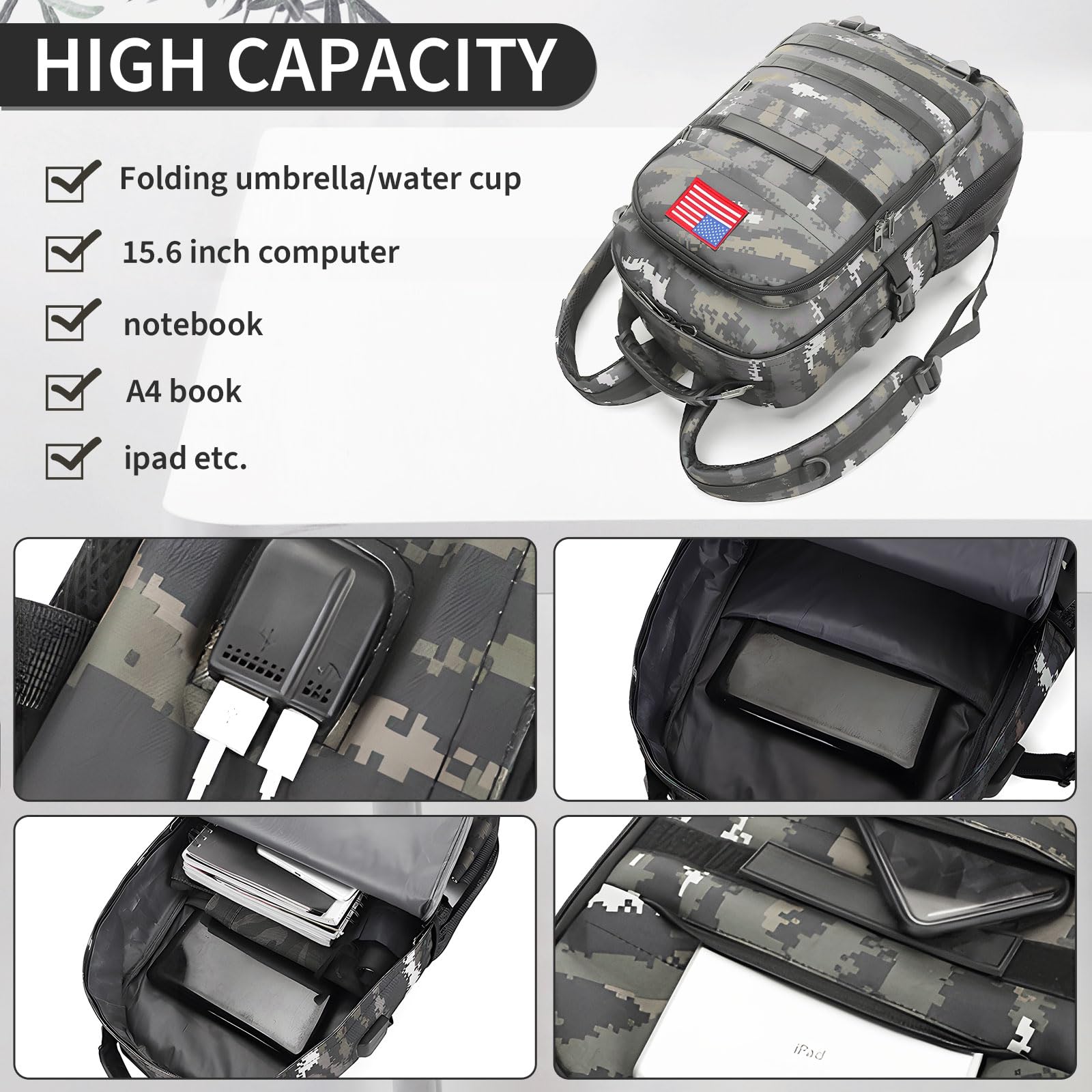 TILYTADLY School Backpack For Boys - Camouflage Boys Backpack For Kids Teens Elementary Middle School - 4pcs Camo Boys Backpack With Lunch Box And Pencil Case,18″ Bookbag With Usb Charging Port