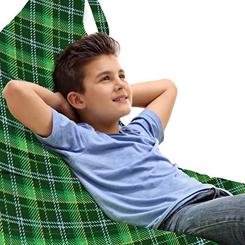 Lunarable Hunter Green Lounger Chair Bag, Scottish Nostalgic Tartan with Bands English Retro British Design, High Capacity Storage with Handle Container, Lounger Size, Emerald Fern Yellow