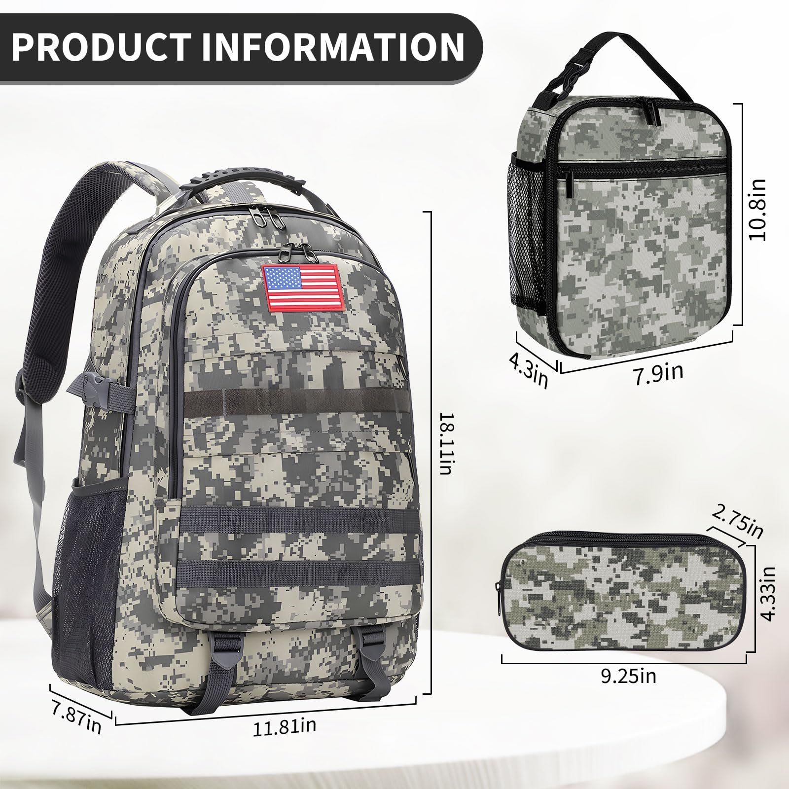 TILYTADLY School Backpack For Boys - Camouflage Boys Backpack For Kids Teens Elementary Middle School - 4pcs Camo Boys Backpack With Lunch Box And Pencil Case,18″ Bookbag With Usb Charging Port
