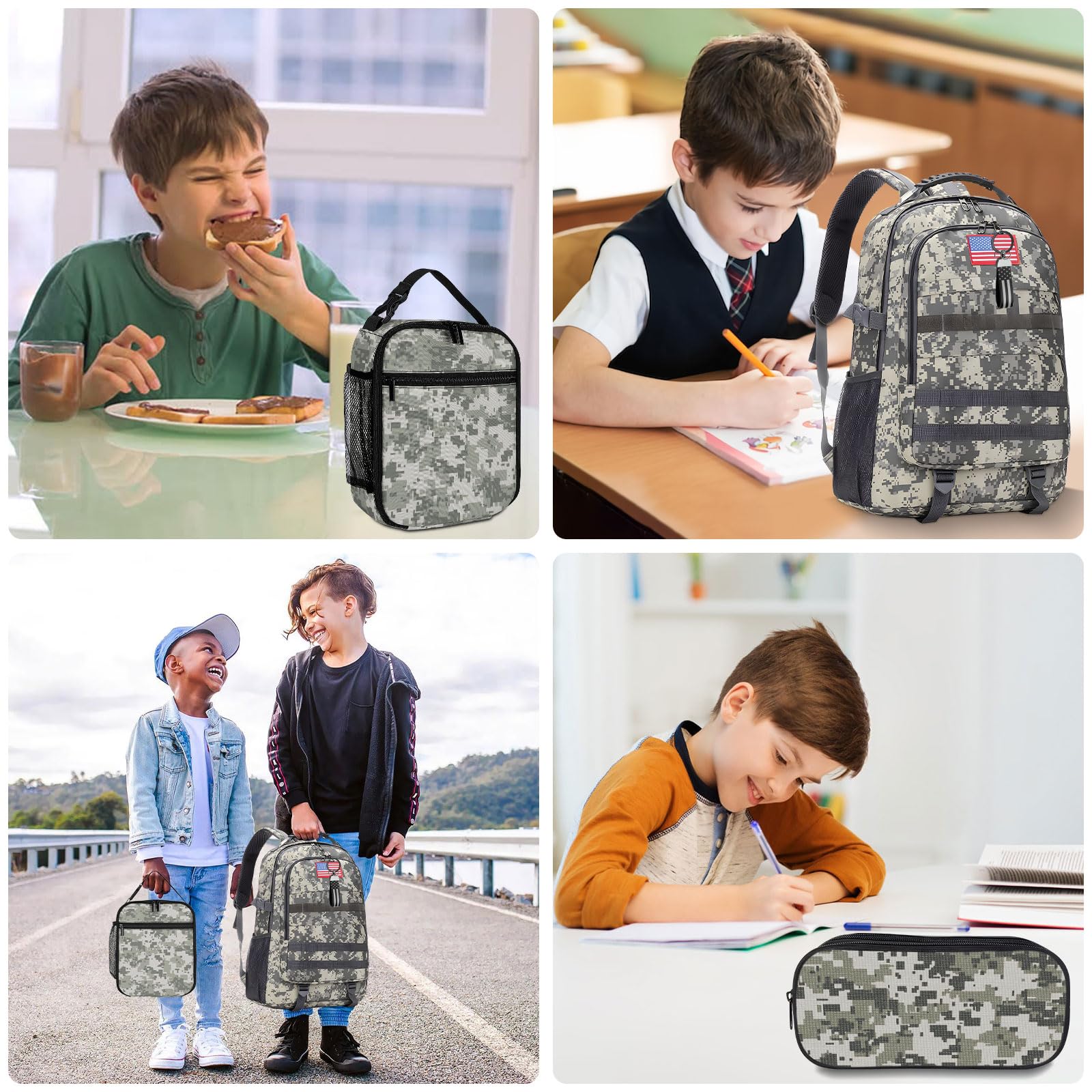 TILYTADLY School Backpack For Boys - Camouflage Boys Backpack For Kids Teens Elementary Middle School - 4pcs Camo Boys Backpack With Lunch Box And Pencil Case,18″ Bookbag With Usb Charging Port
