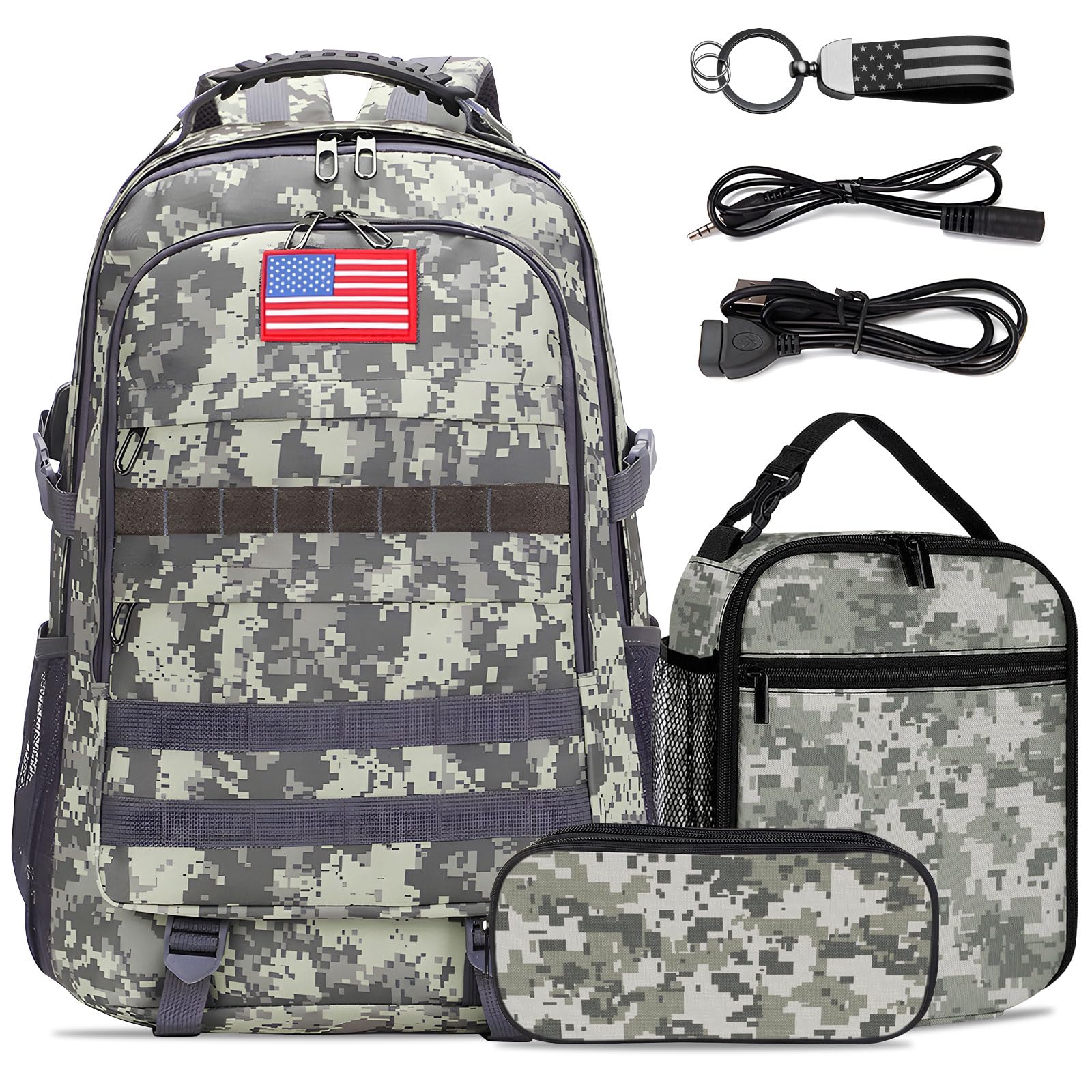 TILYTADLY School Backpack For Boys - Camouflage Boys Backpack For Kids Teens Elementary Middle School - 4pcs Camo Boys Backpack With Lunch Box And Pencil Case,18″ Bookbag With Usb Charging Port