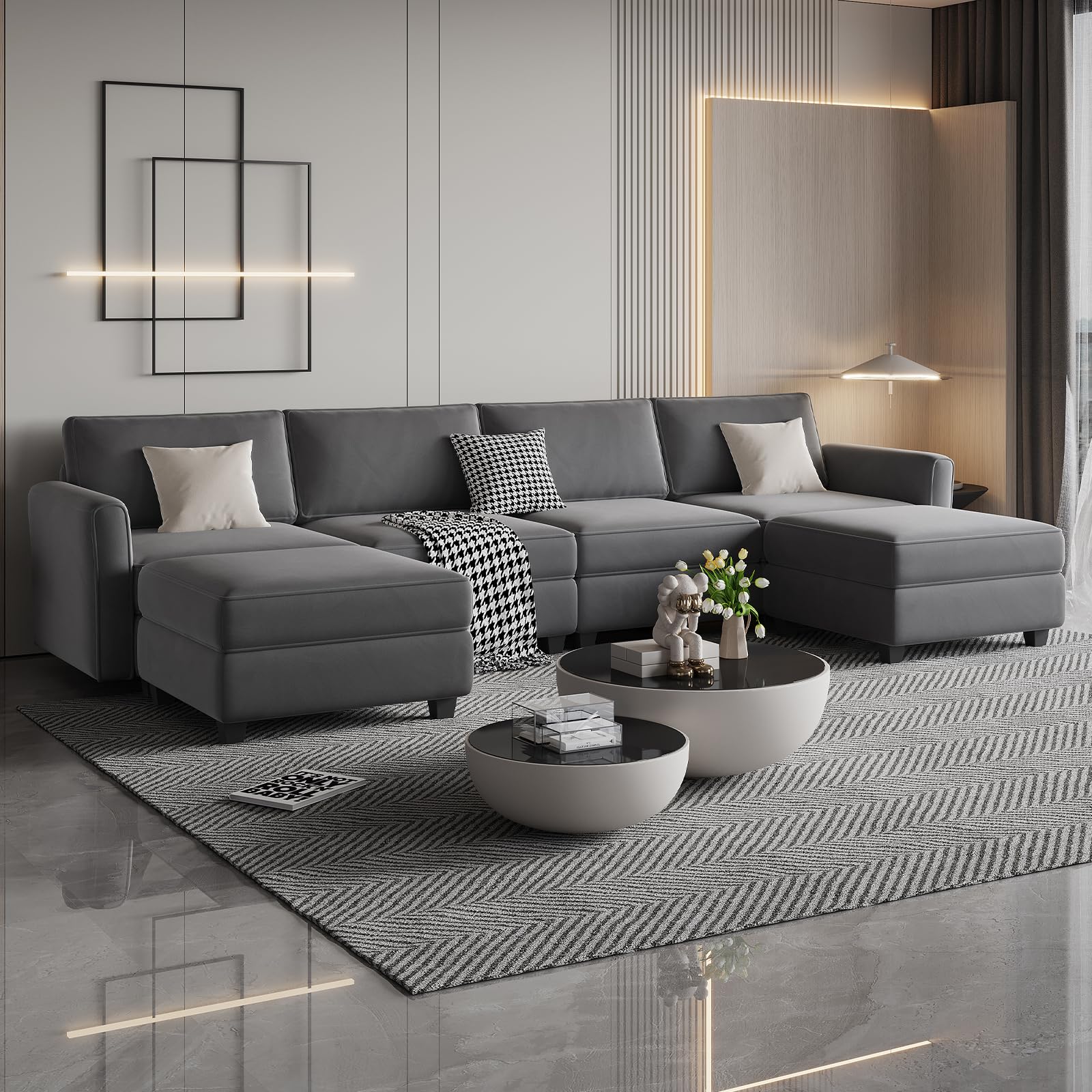DANNRATCH Modular Sectional Sofa U Shaped Sectional Couch with Reversible Chaise, Sleeper Velvet Modular Couch with Storage Seat for Living Room Furniture Sets Grey