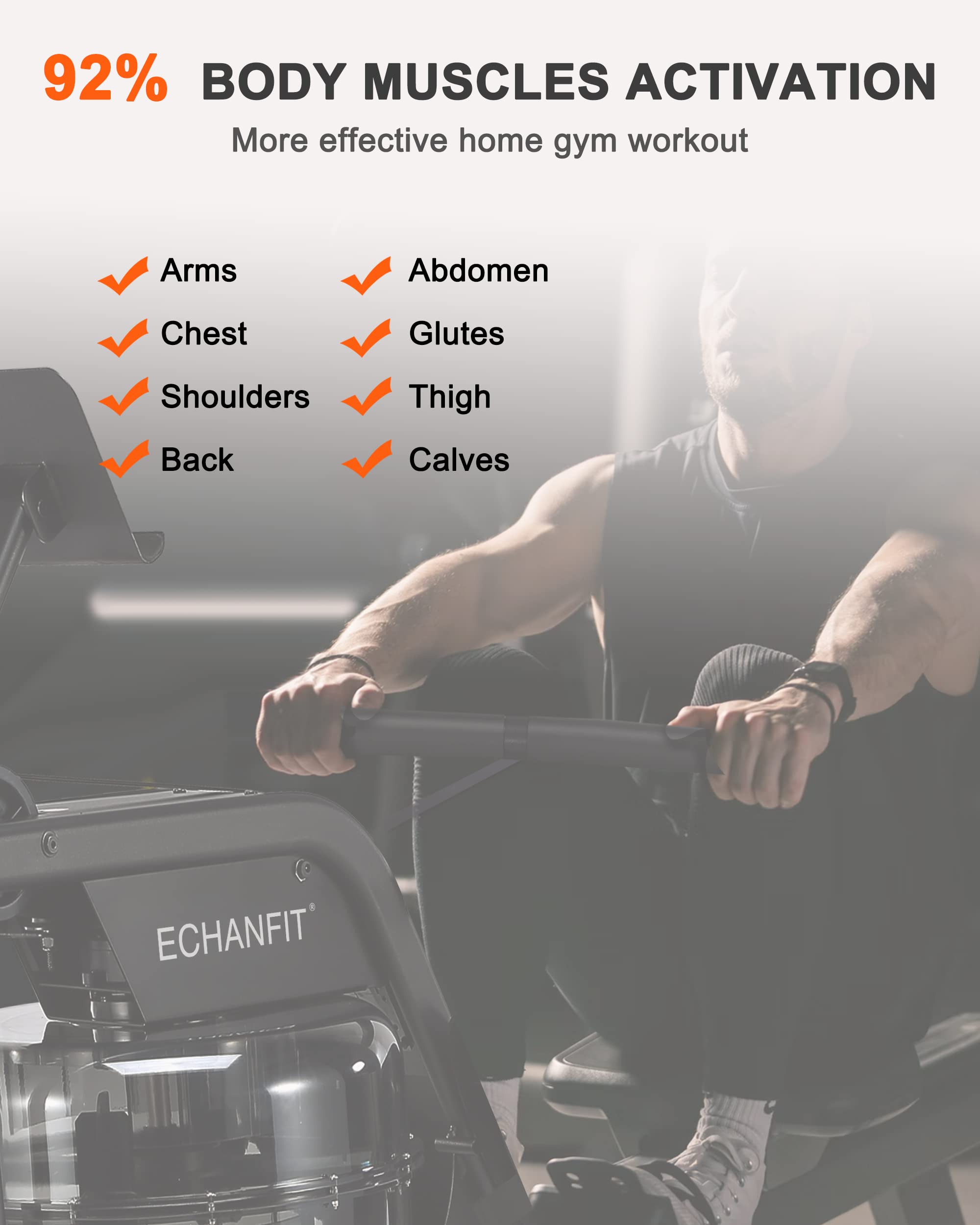 ECHANFIT Water Rowing Machine - Magnetic Rower with Monitor, Device Holder, Adjustable 16 Level Water Resistance, Easy Storage Rowing Machines for Home use