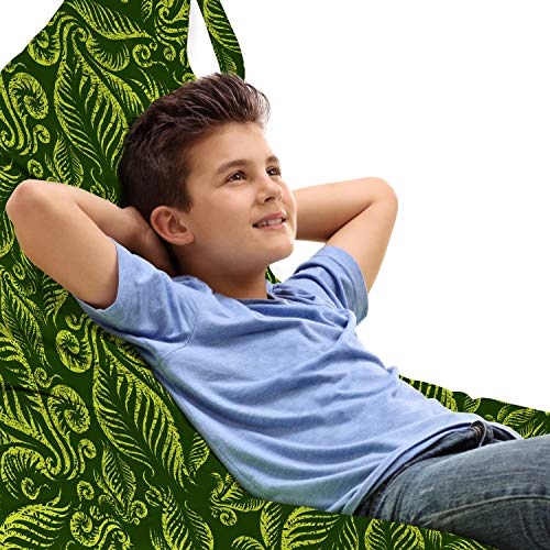 Lunarable Hunter Green Lounger Chair Bag, Baroque Style Damask Floral Pattern with Leaves Swirled Branches Retro Design, High Capacity Storage with Handle Container, Lounger Size, Lime Green