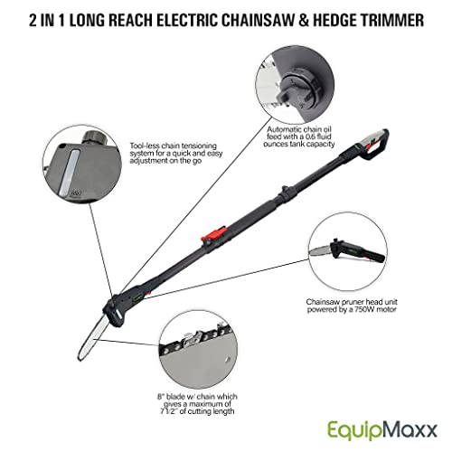 EQUIPMAXX Long Reach 2 in 1 Electric (Corded) Pole Hedge Trimmer & Chainsaw, Telescopic Extension Pole Tool for Garden Pruning and Branch Cutting (Extends to 7 1/2 Feet)