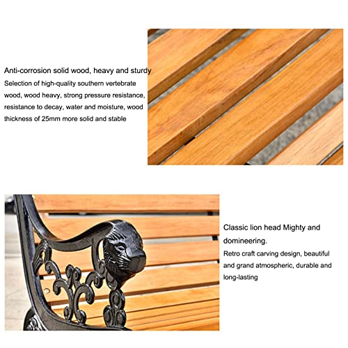 ManiCrown Patio Garden Bench,Outdoor Preservative Wood Park Bench Porch Bench Chair with Rust Resistant Cast Iron Frame,Porch Bench with backrest and armrests Slatted Seat, for Lawn/Poolside