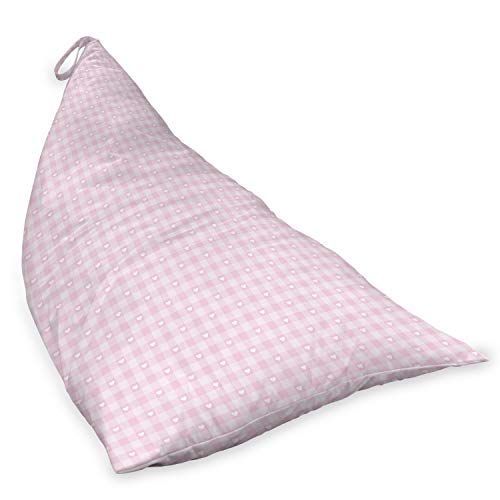Lunarable Checkered Lounger Chair Bag, Romantic Tartan with Hearts Love Theme Pastel Girly Tones Cartoon, High Capacity Storage with Handle Container, Lounger Size, Pale Pink White