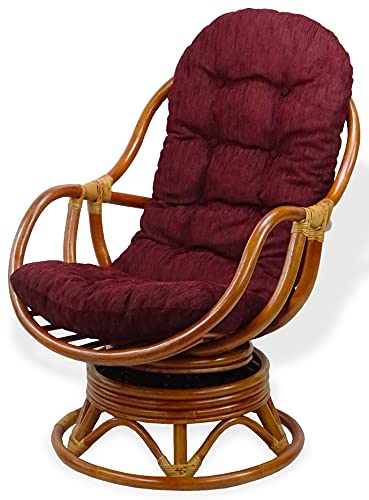 Bali Lounge Swivel Rocking Chair with Dark Brown Cushion Natural Rattan Wicker Handmade, Colonial
