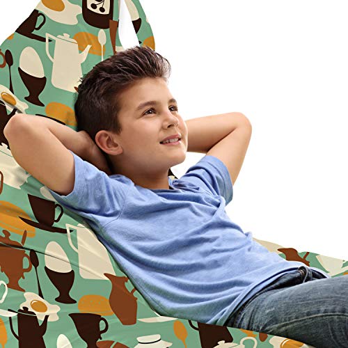 Lunarable Retro Lounger Chair Bag, Breakfast Pattern with Eggs Jam Coffee and Bagel Traditional New York Morning Food, High Capacity Storage with Handle Container, Lounger Size, Multicolor