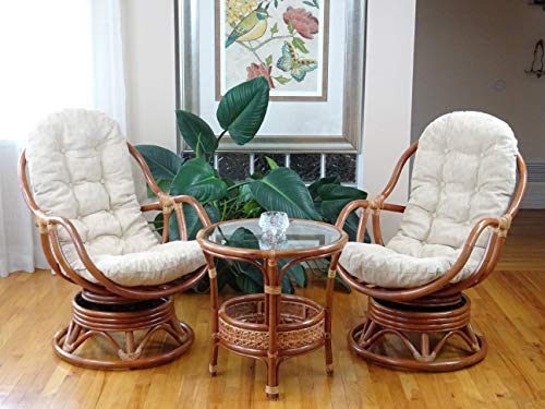 Bali Lounge Swivel Rocking Chair with Dark Brown Cushion Natural Rattan Wicker Handmade, Colonial