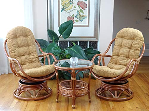 Bali Lounge Swivel Rocking Chair with Dark Brown Cushion Natural Rattan Wicker Handmade, Colonial