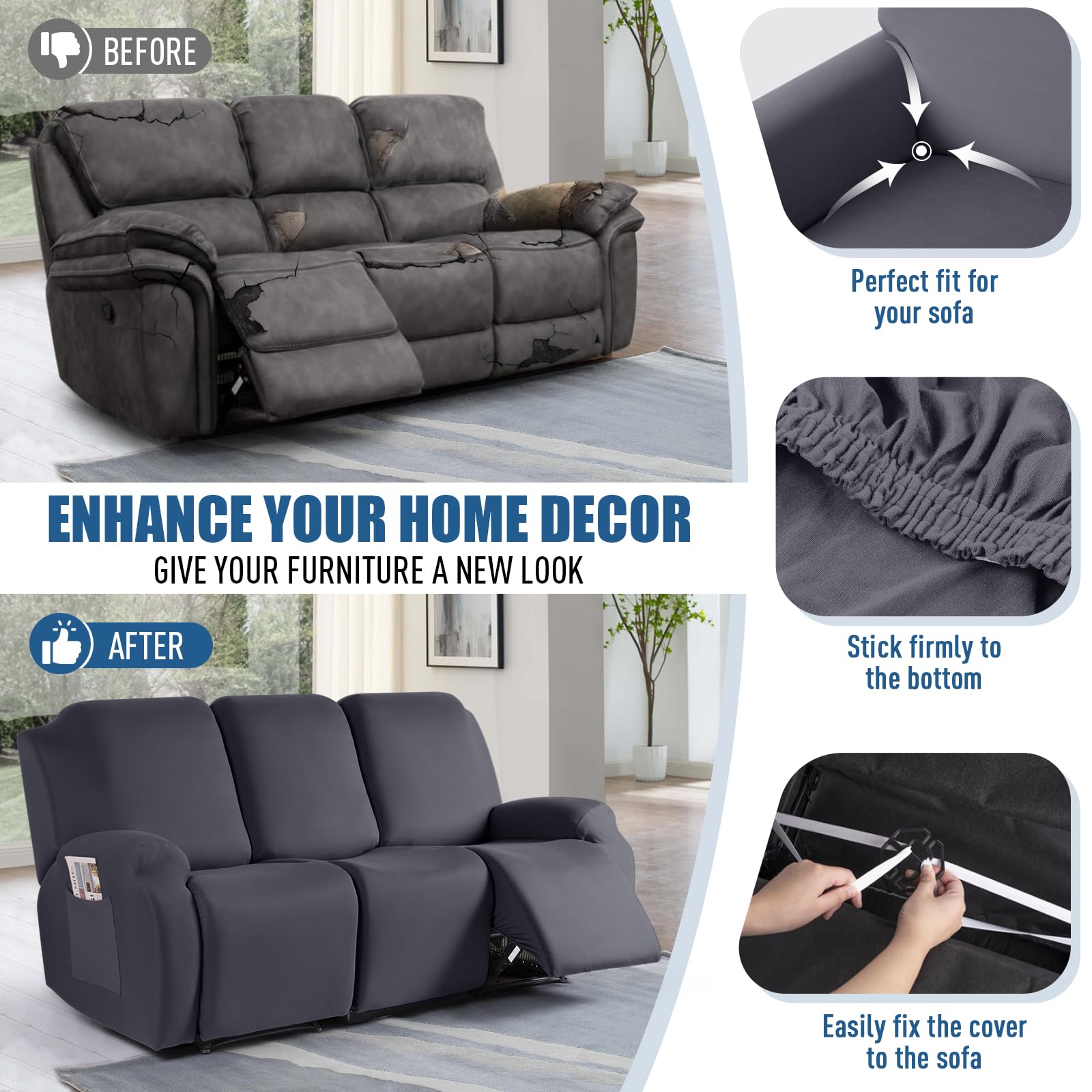 TAOCOCO Recliner Sofa Slipcover, 3 Pieces Polyester Fabric Stretch Sofa Covers for 3 Seat Reclining Couch, Soft Washable Furniture Protector with Pockets (3 Seat, Dark Gray)