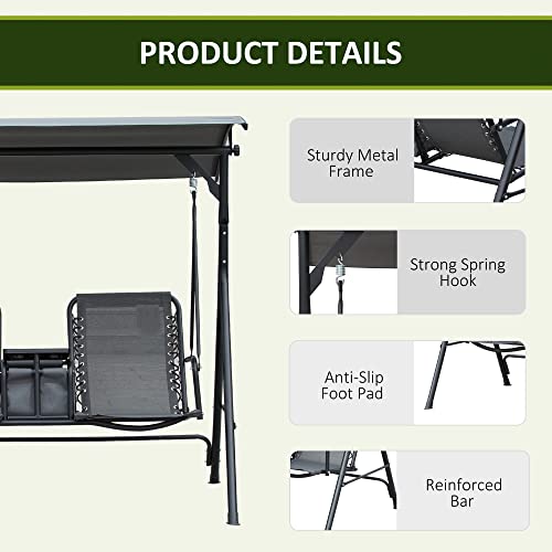 Outsunny 2-Seat Patio Swing Chair, Outdoor Canopy Swing Glider with Pivot Storage Table, Cup Holder, Adjustable Shade, Bungie Seat Suspension and Weather Resistant Steel Frame, Grey