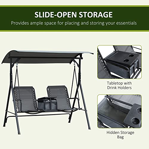 Outsunny 2-Seat Patio Swing Chair, Outdoor Canopy Swing Glider with Pivot Storage Table, Cup Holder, Adjustable Shade, Bungie Seat Suspension and Weather Resistant Steel Frame, Grey