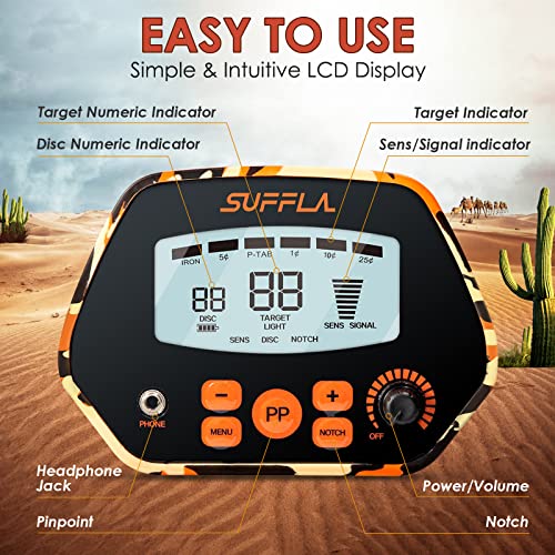 Professional Gold Detector for Adults Waterproof - Higher Accuracy Metal Detectors Lightweight 11" Coil Metales Silver Coil Finder Pinpoint Notch Detecting - SUFFLA SMD02A Camouflage Orange