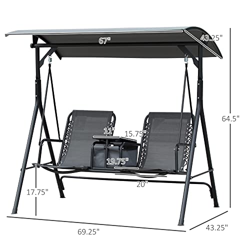 Outsunny 2-Seat Patio Swing Chair, Outdoor Canopy Swing Glider with Pivot Storage Table, Cup Holder, Adjustable Shade, Bungie Seat Suspension and Weather Resistant Steel Frame, Grey