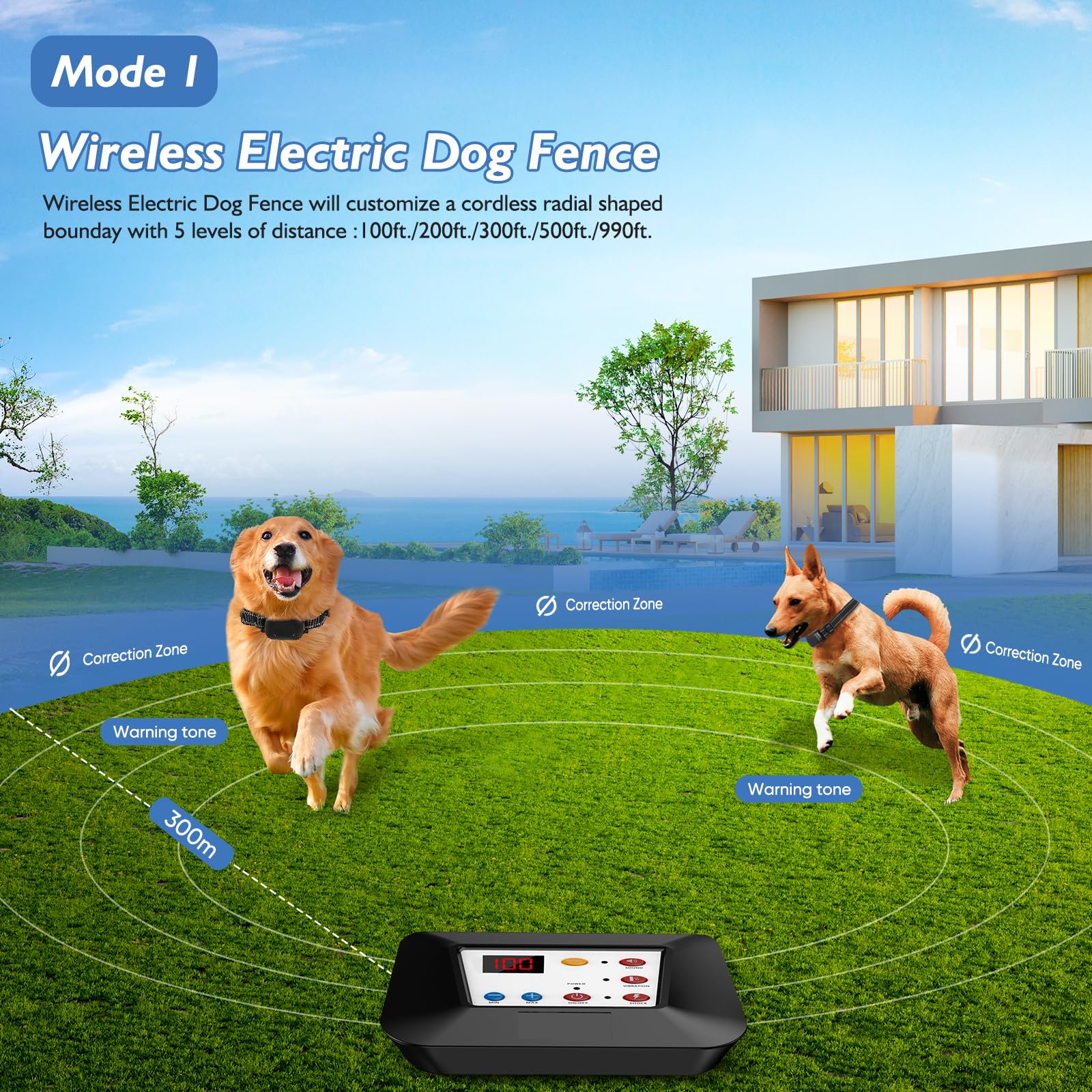 ABHY Wireless Dog Collar Fence, 2 in 1 Remote Trainer & Electric Dog Boundary System, Waterproof Wireless Pet Fence for The Yard, Adjustable Pet Training Collar Receiver for Small Medium Large Dogs