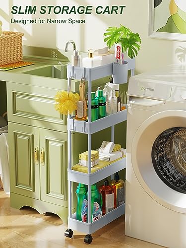 LEHOM 5.1" Slim Storage Cart - 4 Tiers Bathroom Organizer Mobile Shelving Unit Storage Rolling Utility Cart Slide Out Organizer for Kitchen Bathroom Laundry Narrow Places, Grey