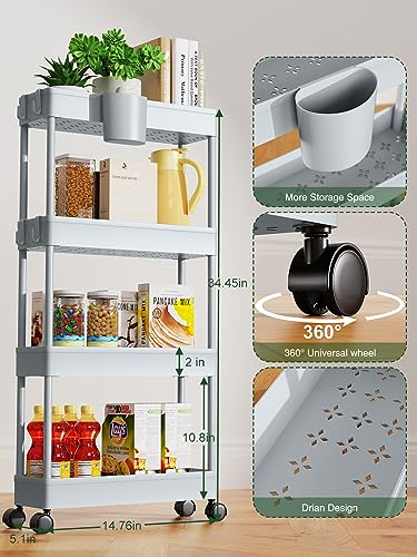 LEHOM 5.1" Slim Storage Cart - 4 Tiers Bathroom Organizer Mobile Shelving Unit Storage Rolling Utility Cart Slide Out Organizer for Kitchen Bathroom Laundry Narrow Places, Grey