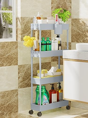 LEHOM 5.1" Slim Storage Cart - 4 Tiers Bathroom Organizer Mobile Shelving Unit Storage Rolling Utility Cart Slide Out Organizer for Kitchen Bathroom Laundry Narrow Places, Grey
