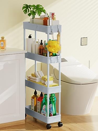 LEHOM 5.1" Slim Storage Cart - 4 Tiers Bathroom Organizer Mobile Shelving Unit Storage Rolling Utility Cart Slide Out Organizer for Kitchen Bathroom Laundry Narrow Places, Grey