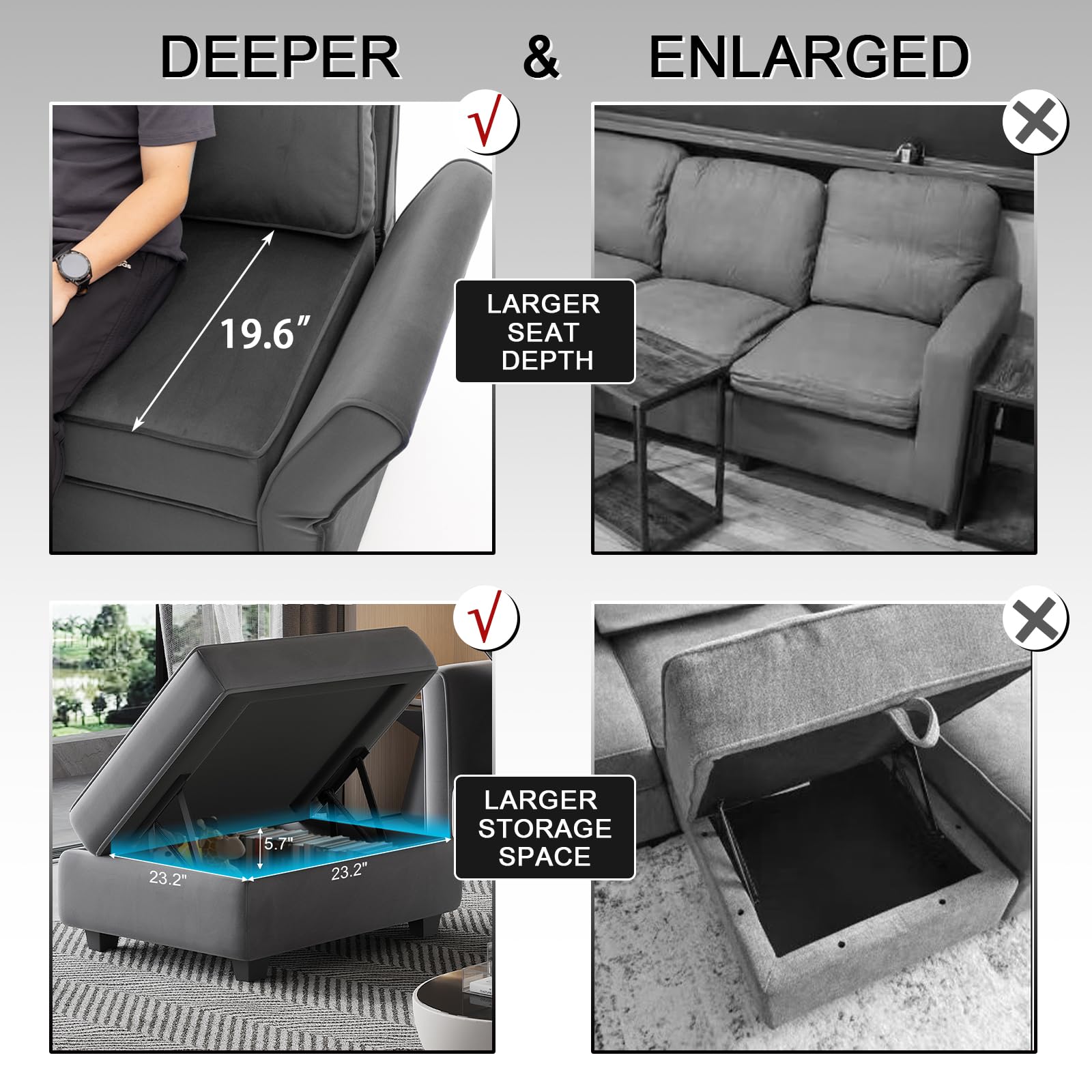 DANNRATCH Modular Sectional Sofa U Shaped Sectional Couch with Reversible Chaise, Sleeper Velvet Modular Couch with Storage Seat for Living Room Furniture Sets Grey