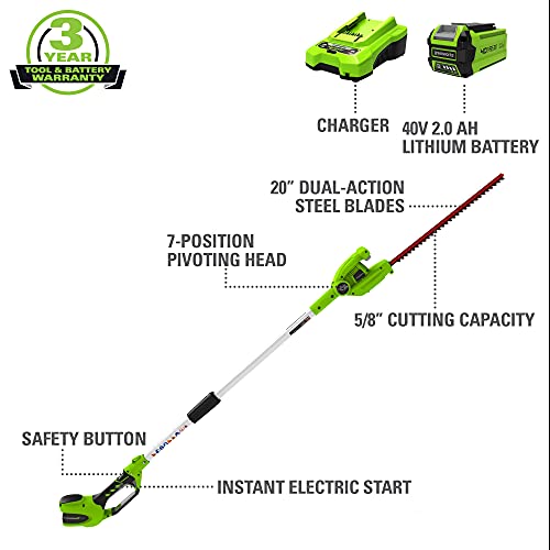 Greenworks 40V 20" Cordless Pole Hedge Trimmer, 2.0Ah Battery and Charger Included