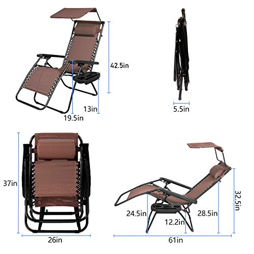 Zero Gravity Chairs Set of 2 Clearance with Sunshade Canopy and Cup Holder Tray Padded Adjustable Antigravity Lounge Folding Chair Patio Lounge Chair for Outdoor, Camping, Patio, Lawn, Brown