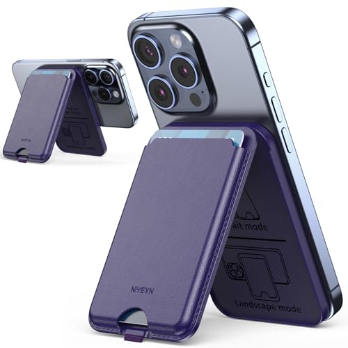 NIYEVN Magnetic Cardholder Wallet for iPhone - Leather Cellphone Magnet Wallet with Adjustable 3 Card Holder Stand Compatible with MagSafe Wallet for Back of Apple Phone 15/14/13/12 Series 丨 Purple