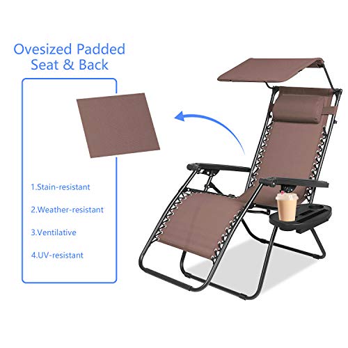 Zero Gravity Chairs Set of 2 Clearance with Sunshade Canopy and Cup Holder Tray Padded Adjustable Antigravity Lounge Folding Chair Patio Lounge Chair for Outdoor, Camping, Patio, Lawn, Brown