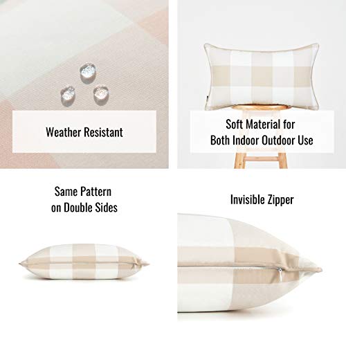 Hofdeco Coastal Patio Indoor Outdoor Lumbar Pillow Cover ONLY for Backyard, Couch, Sofa, Tan Buffalo Check, 12"x20"